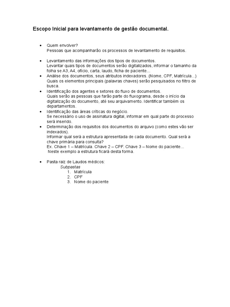 Escopo Inicial para Levantamento de Gestão Documental | PDF