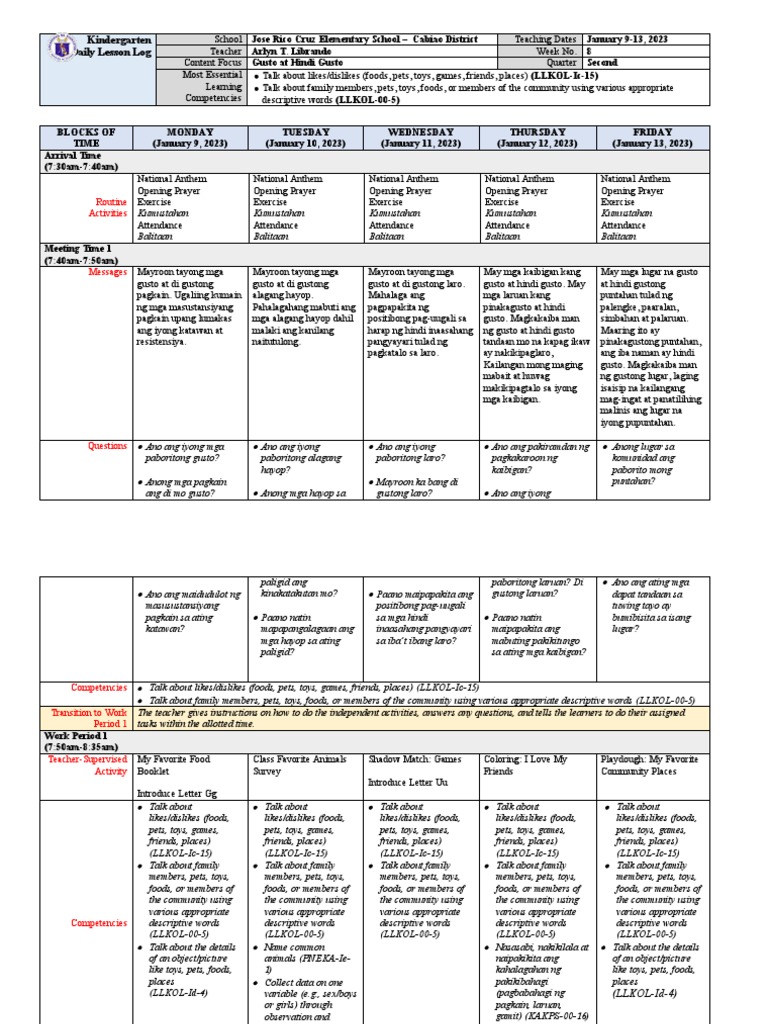 Kindergarten Daily Lesson Log | PDF