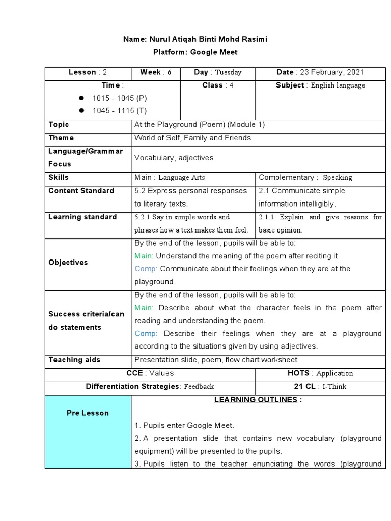 LP Lesson 2 Language Art | PDF | Playground | Poetry