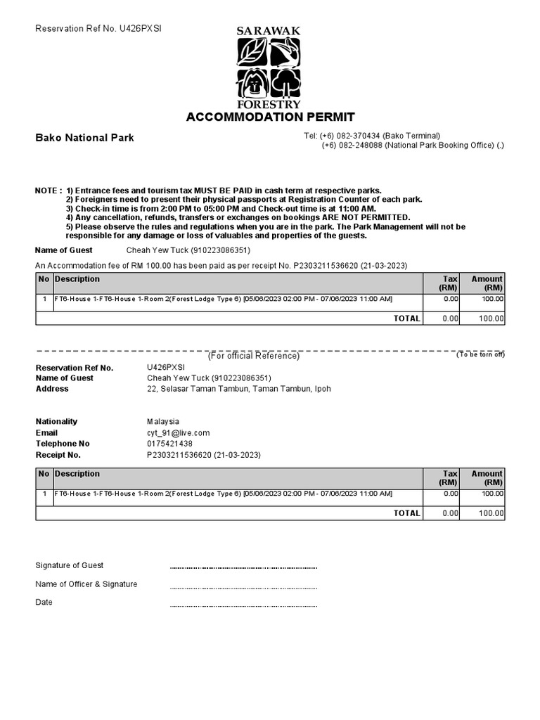 Accommodation Permit: Bako National Park | PDF | Taxation | Government