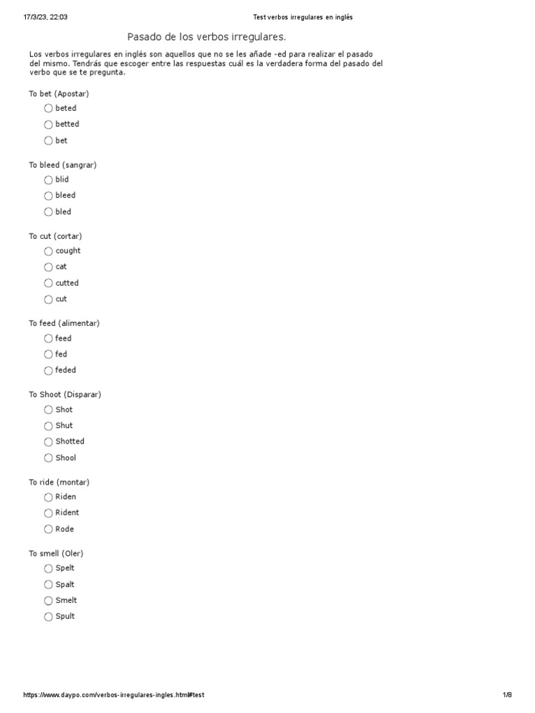 Test Verbos Irregulares en Inglés | PDF