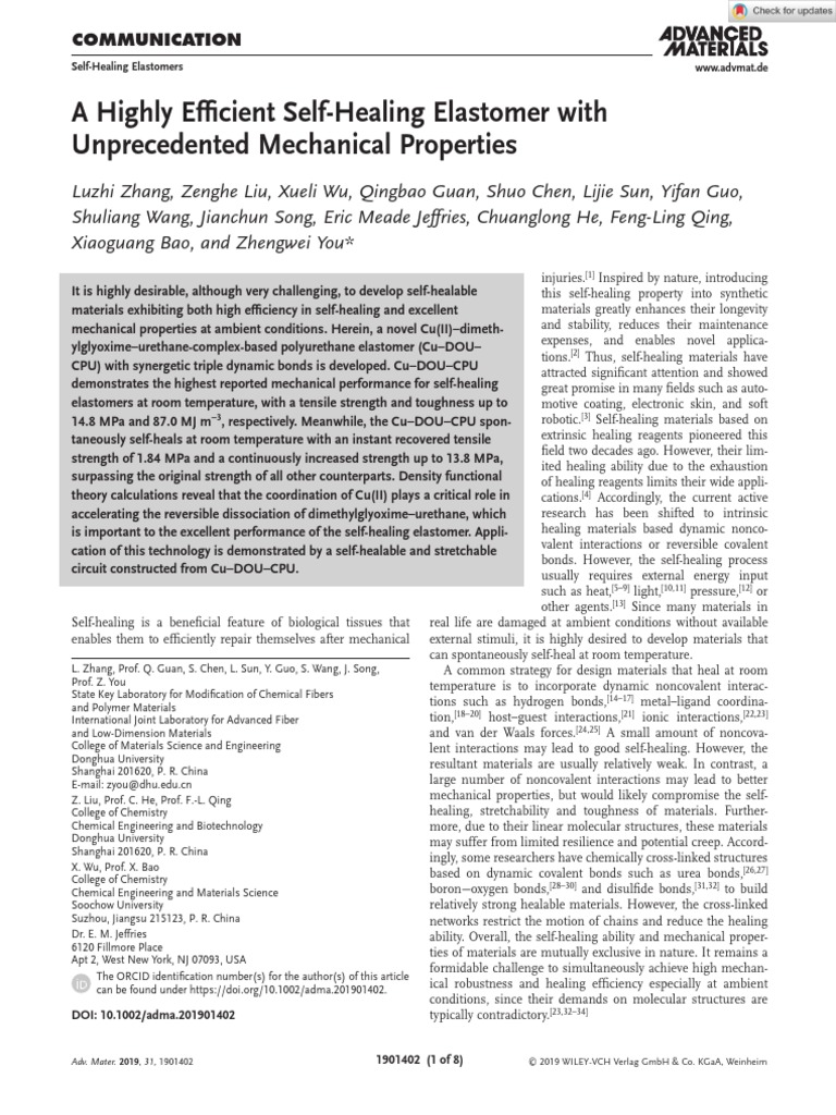 Advanced Materials - 2019 - Zhang - A Highly Efficient Self Healing Elastomer With Unprecedented ...