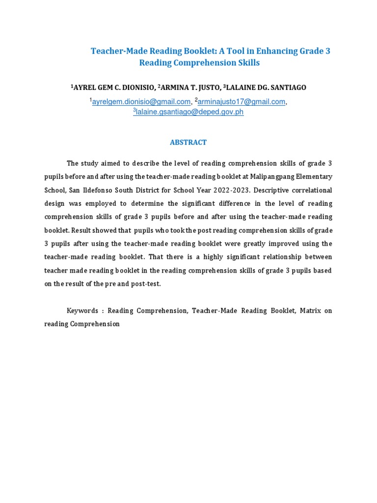 Teacher-Made Reading Booklet: A Tool in Enhancing Grade 3 Reading Comprehension Skills | PDF ...