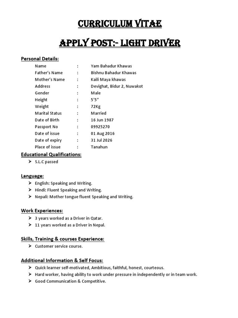 Light Driver CV with 14 Years Experience | PDF | Career & Growth