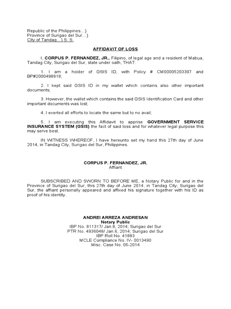 AFFIDAVIT OF LOSS-fernandez | PDF | Affidavit | Notary Public