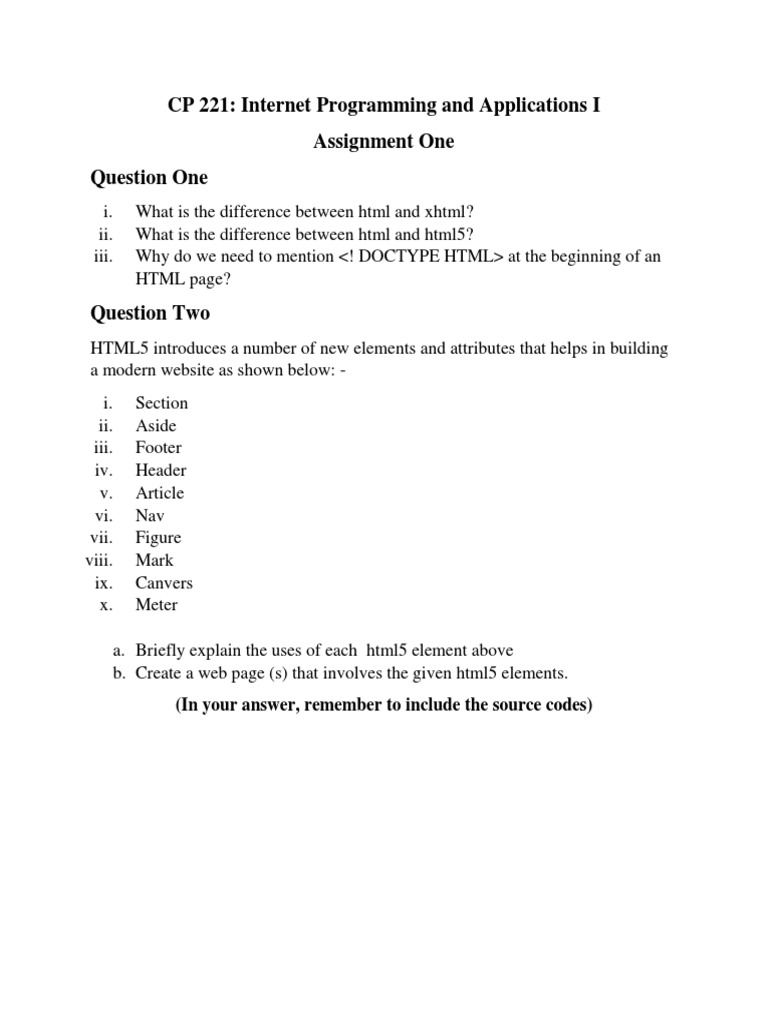 CP 221: Internet Programming and Applications I Assignment One Question One | PDF