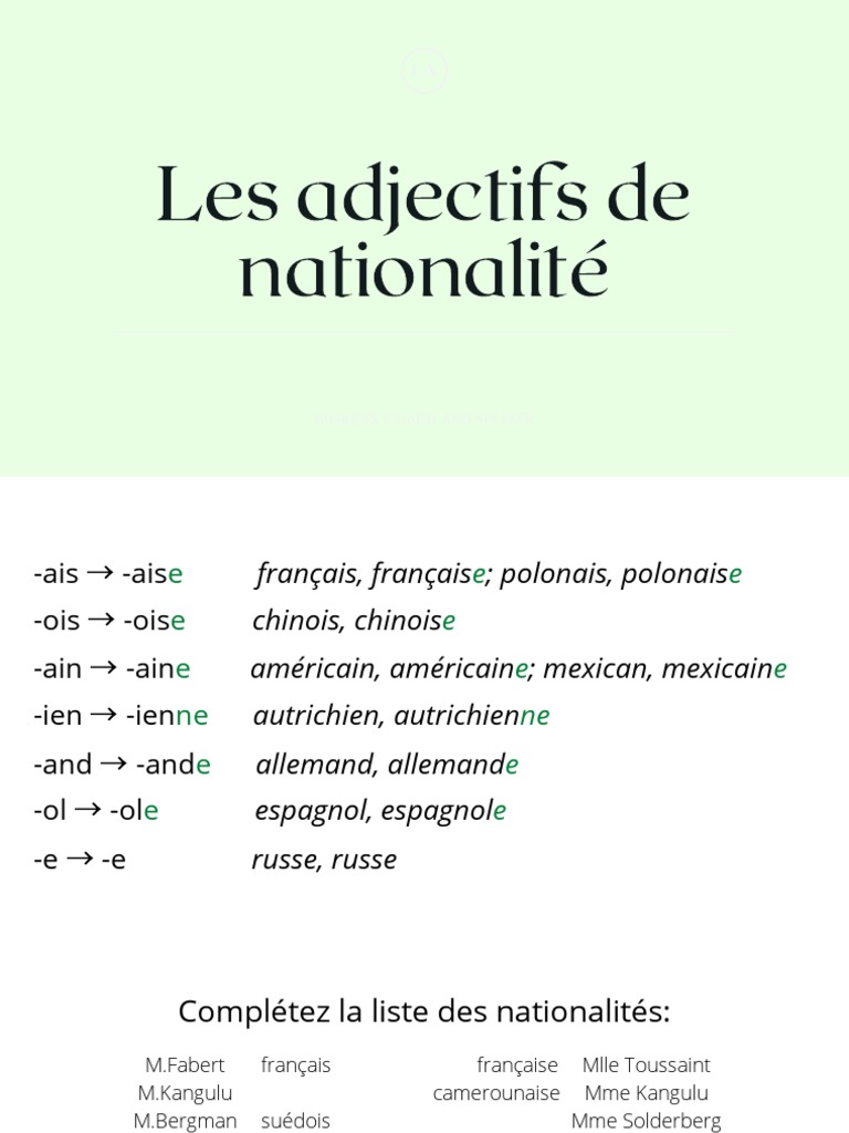 Les Adjectifs de Nationalité: Business Coach and Speaker | PDF
