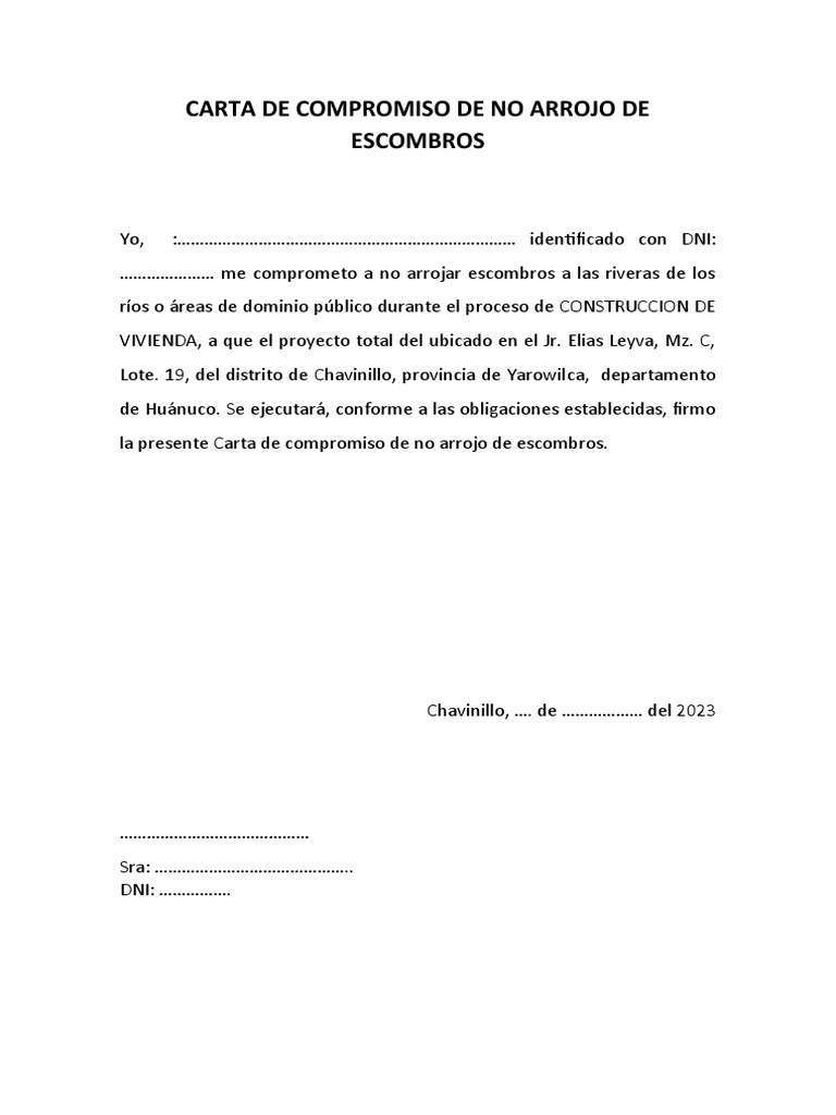Carta de Compromiso de No Arrojo de Escombros | PDF | Viajes y turismo ...