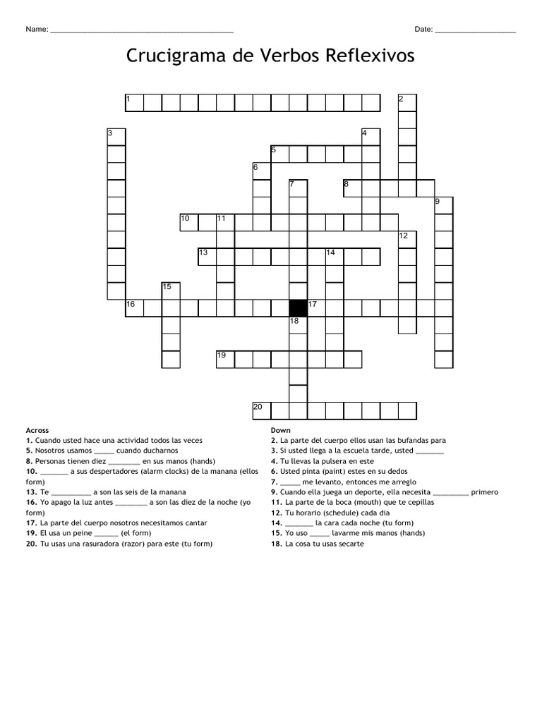 Crucigrama de Verbos Reflexivos: Name: - Date | PDF | Ajedrez
