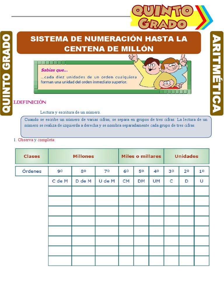 Sistema de Numeración Hasta La Centena Del Millón para Quinto Grado de ...
