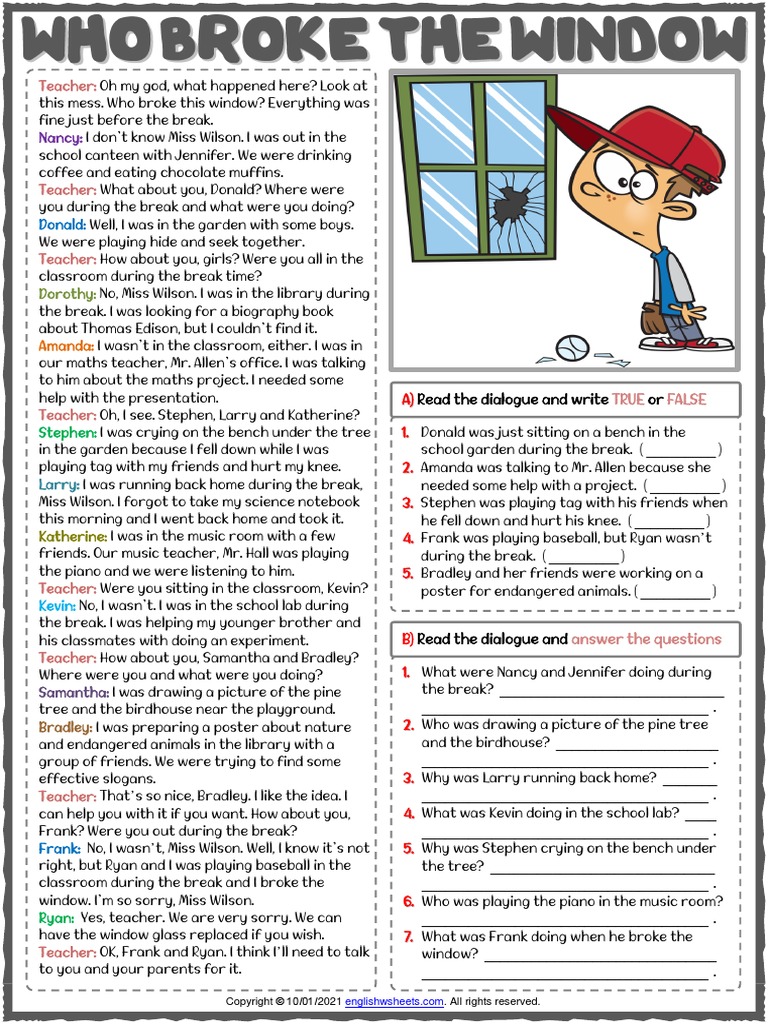 Past Continuous Tense Who Broke The Window Esl Dialogue Comprehension ...