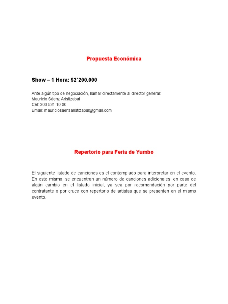 Propuesta de Show y Repertorio Musical | PDF | Españoles | Musica en ...