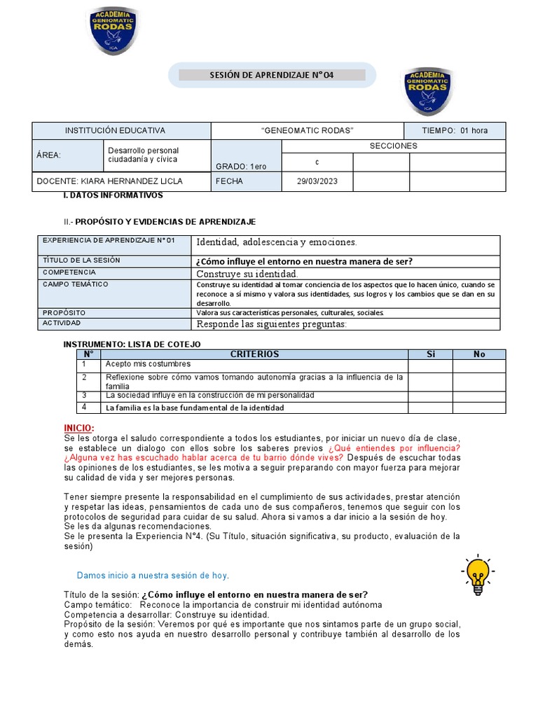 Sesion N° 04 de DPCC 1c - 29-03 | PDF | Familia | Experiencia