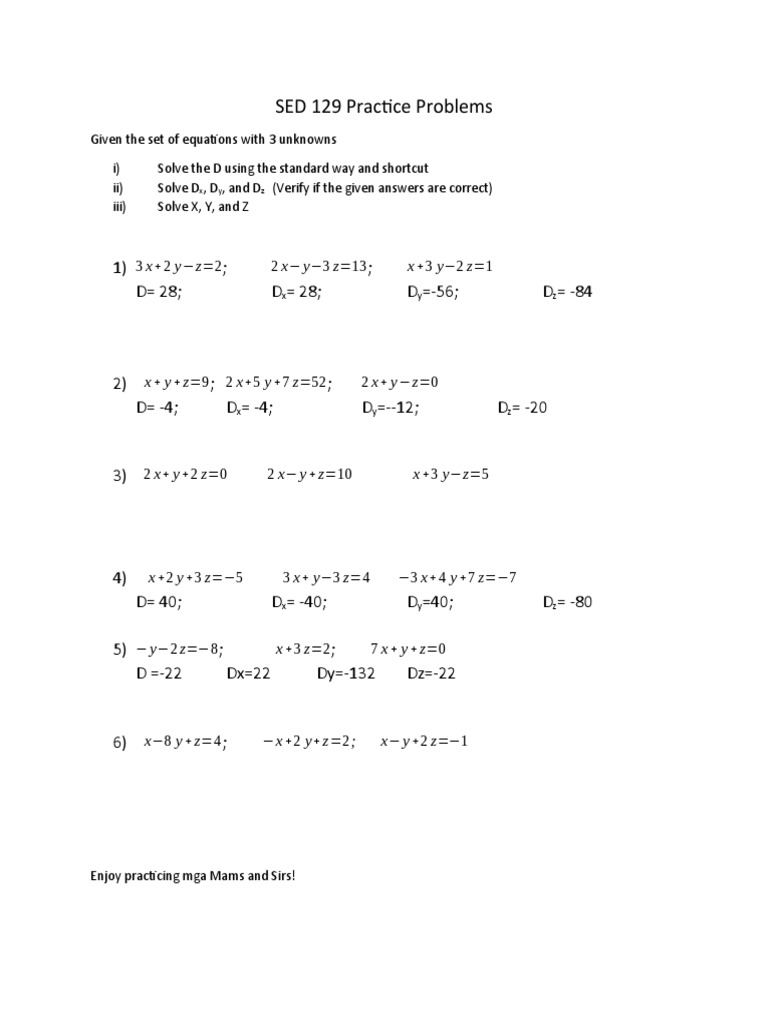 SED 129 Practice Problems-Determinants (1) | PDF