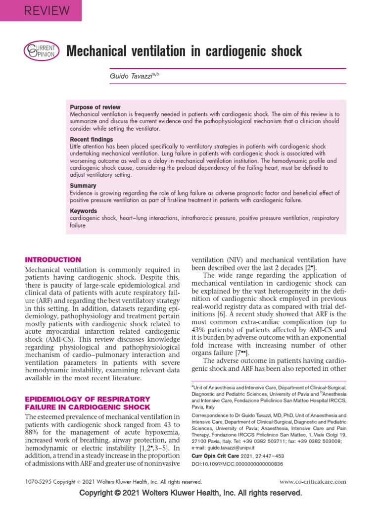 Mechanical Ventilation in Cardiogenic Shock: Review | PDF | Shock (Circulatory) | Myocardial ...