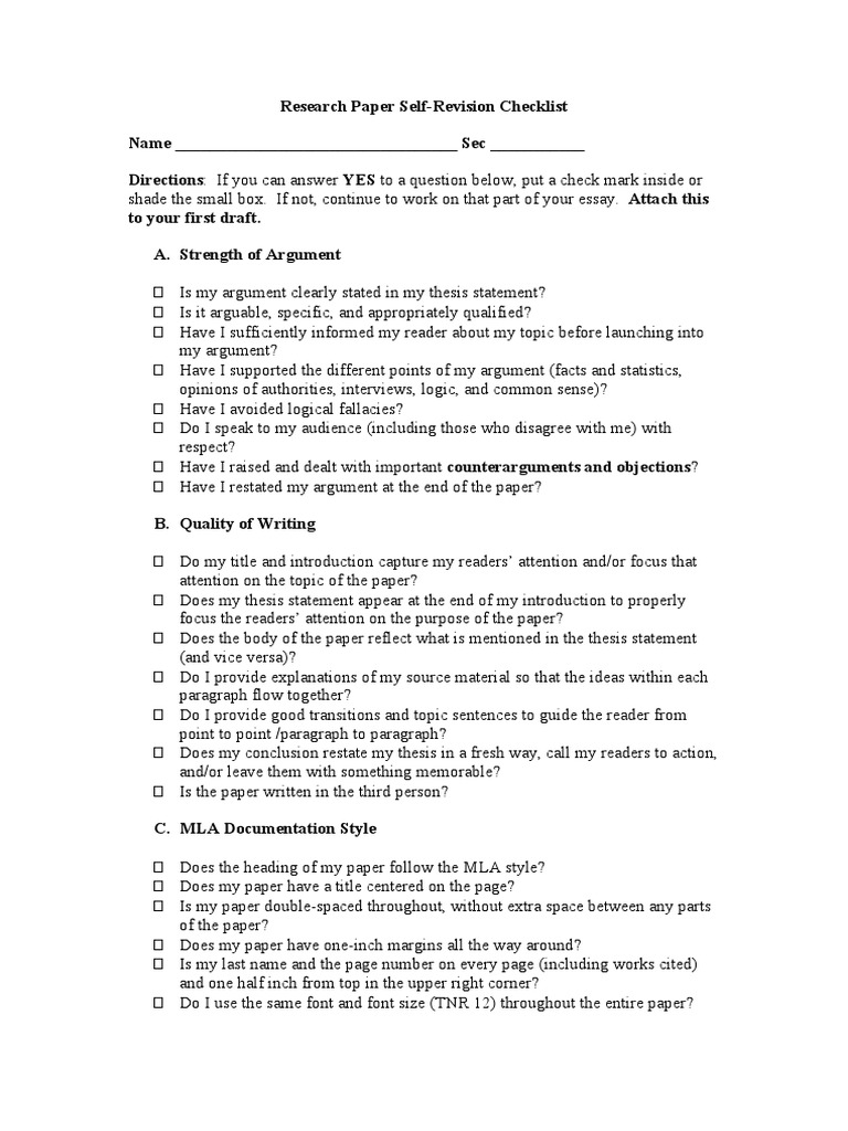 Argumentative Research Paper Checklist | PDF | Cognitive Science ...