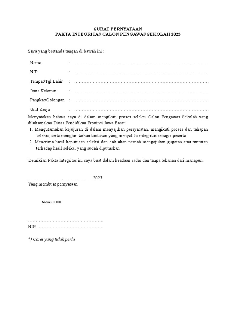Surat Pernyataan Pakta Integritas - CPS 2023 | PDF