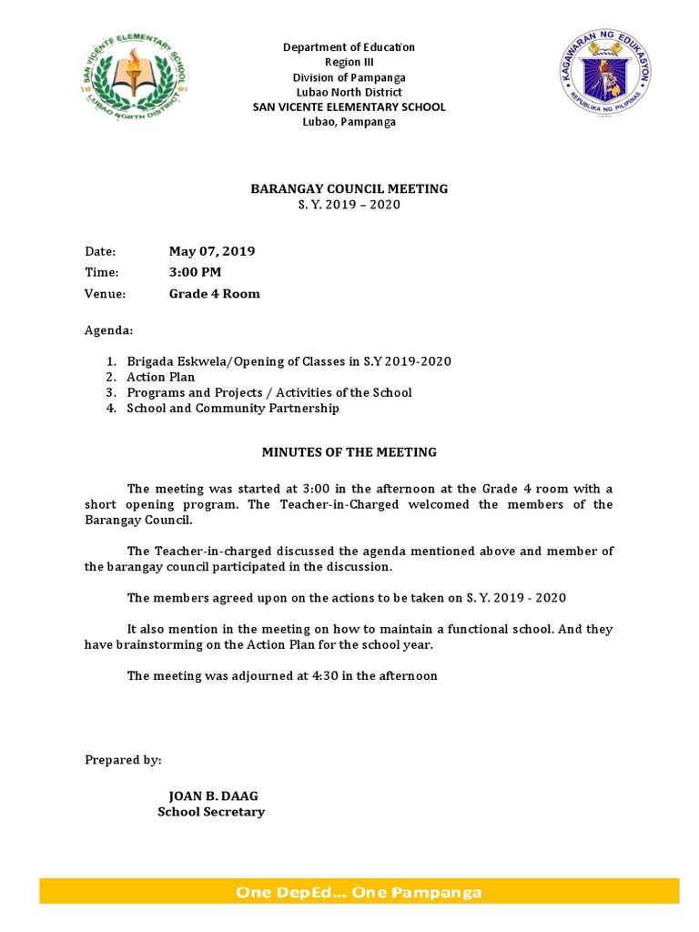 Minutes of the San Vicente Elementary School Barangay Council Meeting ...