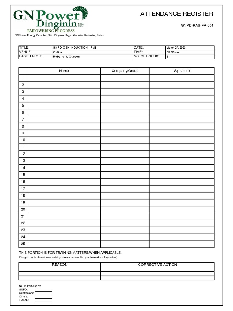 Safety Induction Attendance Record for New Employees at GNPower Energy ...
