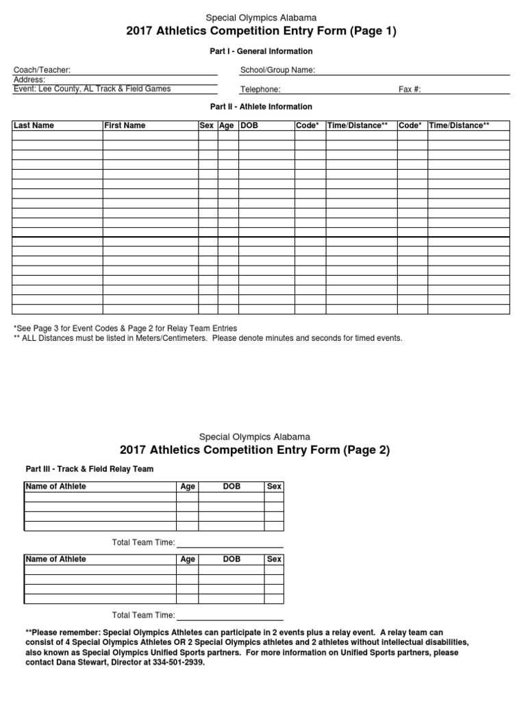 SO Athletics Competition (Track and Field) Entry Form 2017 | PDF ...
