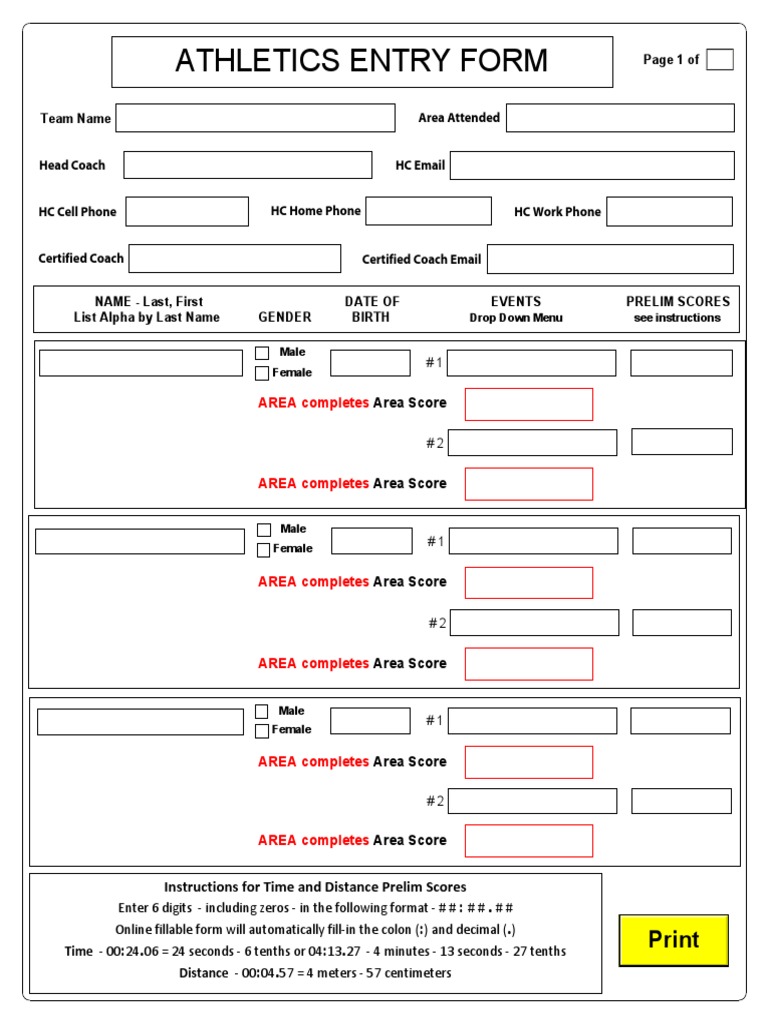 Athletics Entry Form: Print | Download Free PDF | Computing