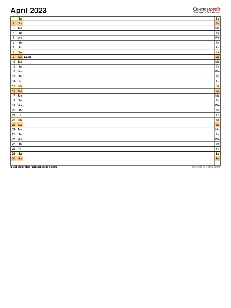 April 2023 Calendar Landscape Days Vertically | PDF
