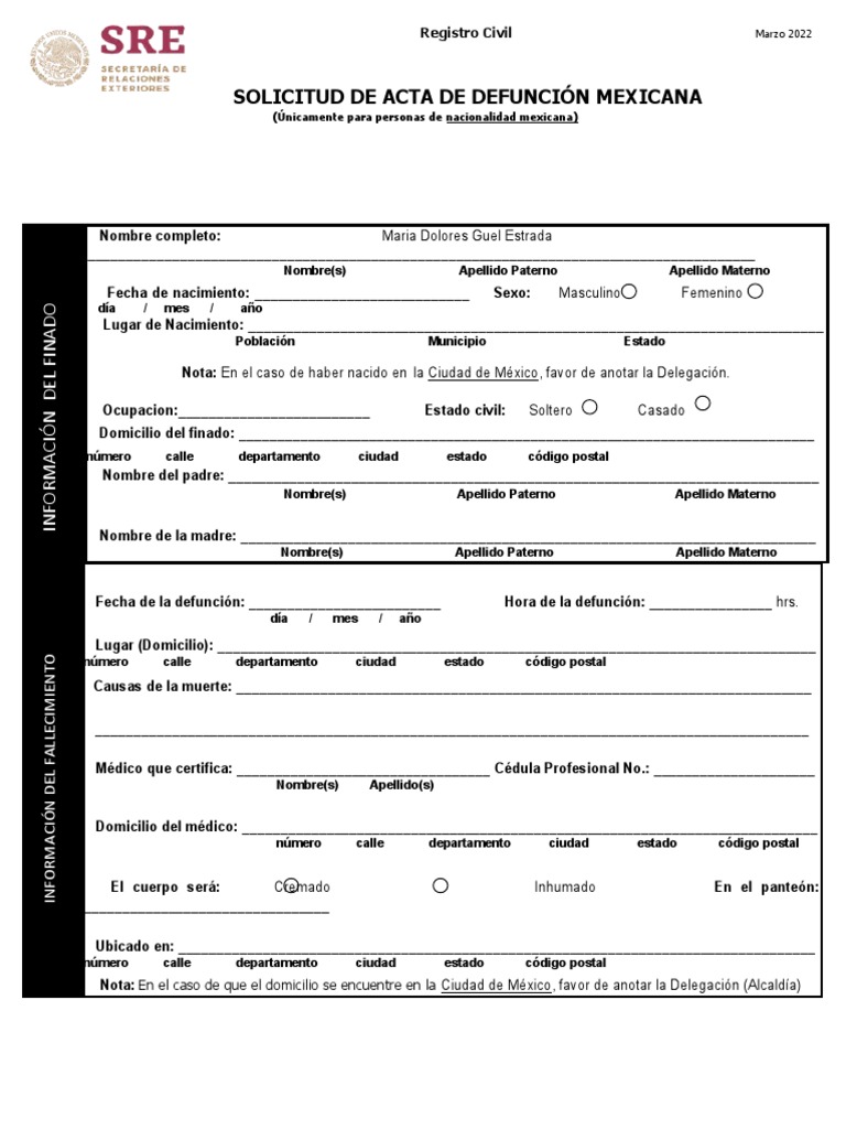 Solicitud Acta Defunción Mexicana | PDF | Certificado de nacimiento | México