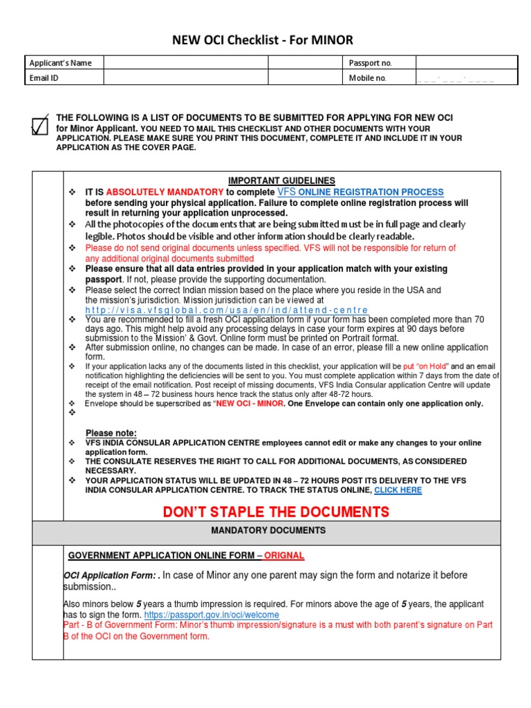 NEW OCI Checklist - For MINOR: Don'T Staple The Documents | PDF | Birth ...