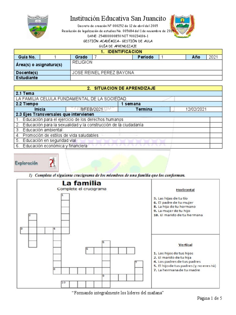 Taller 1 Grado 7° LA FAMILIA CELULA FUNDAMENTAL DE LA SOCIEDAD | PDF ...