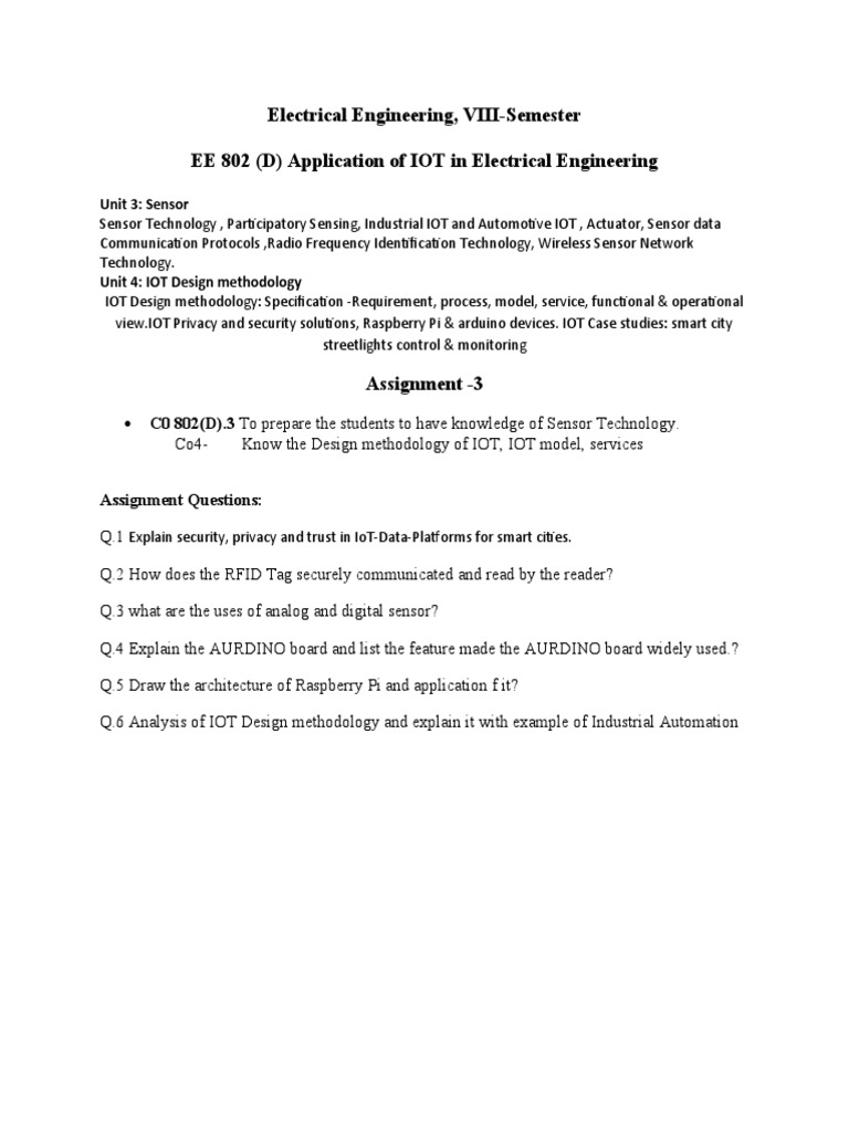 Electrical Engineering, VIII-Semester EE 802 (D) Application of IOT in ...