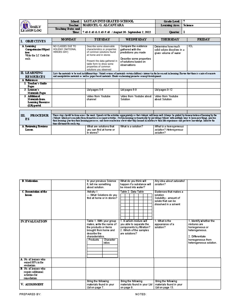 DAILY LESSON LOG Week 2 Science 7 | PDF | Mixture | Behavior Modification