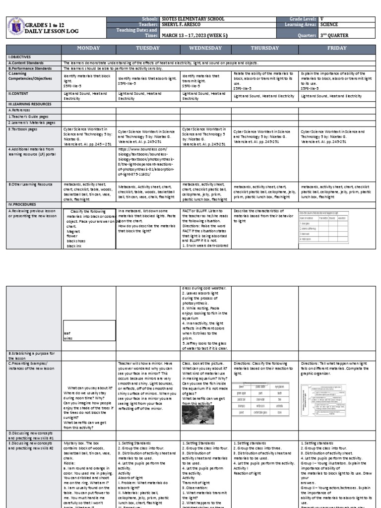 DLL - Science 5 - Q3 - W5 | PDF | Differentiated Instruction | Mirror