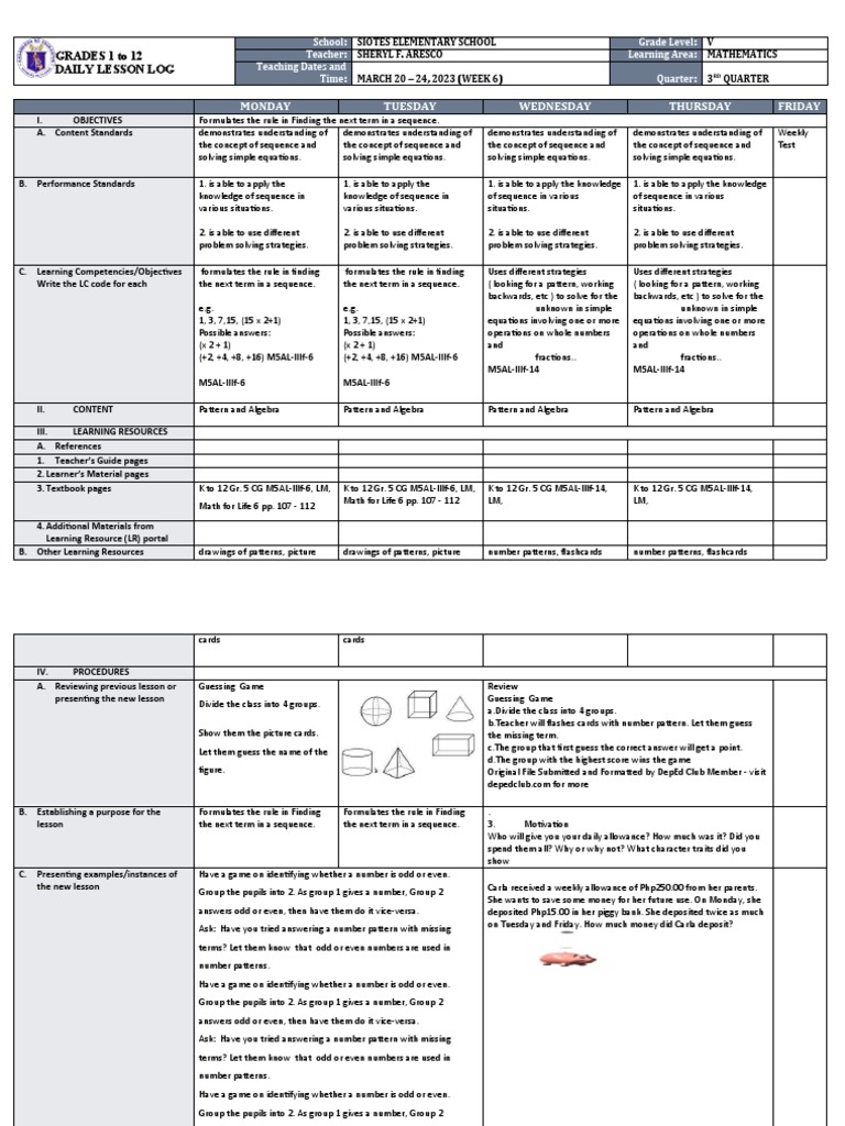 Grade 5 Daily Lesson Log: Math Patterns | PDF | Flashcard | Learning