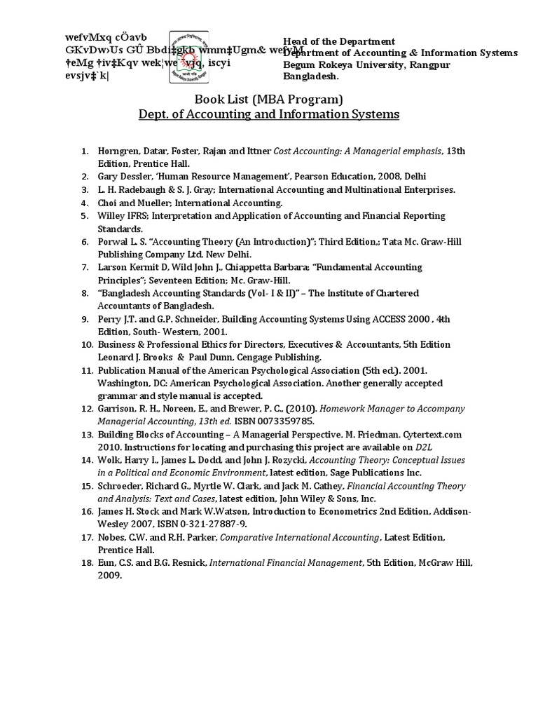 Book List (MBA Program) Dept. of Accounting and Information Systems ...