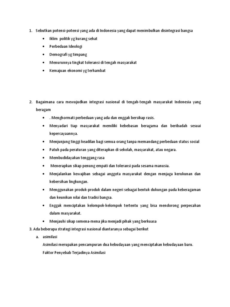 POTENSI DISINTEGRASI DAN UPAYA INTEGRASI NASIONAL DI INDONESIA | PDF