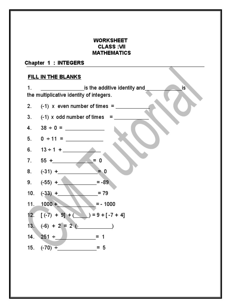 Worksheet Class:Vii Mathematics Chapter 1: INTEGERS Fill IN THE Blanks | PDF | Discrete ...