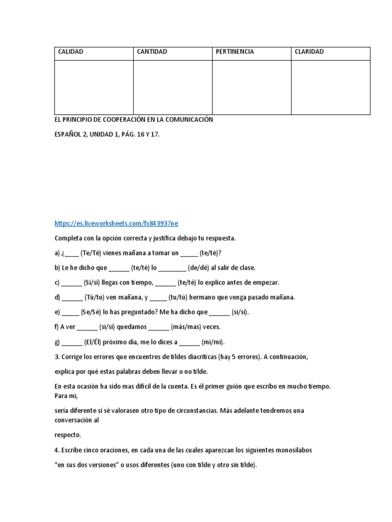 Hoja de Trabajo Tilde Diacritica | PDF