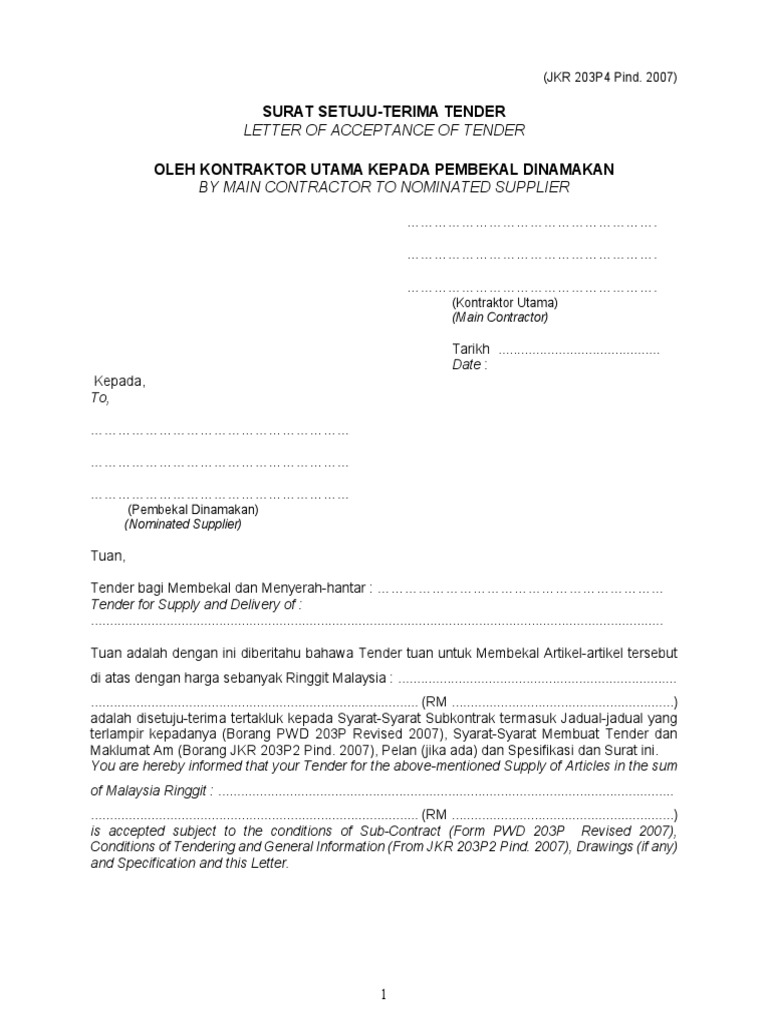 Surat Setuju Terima Tender Letter of Acc | PDF