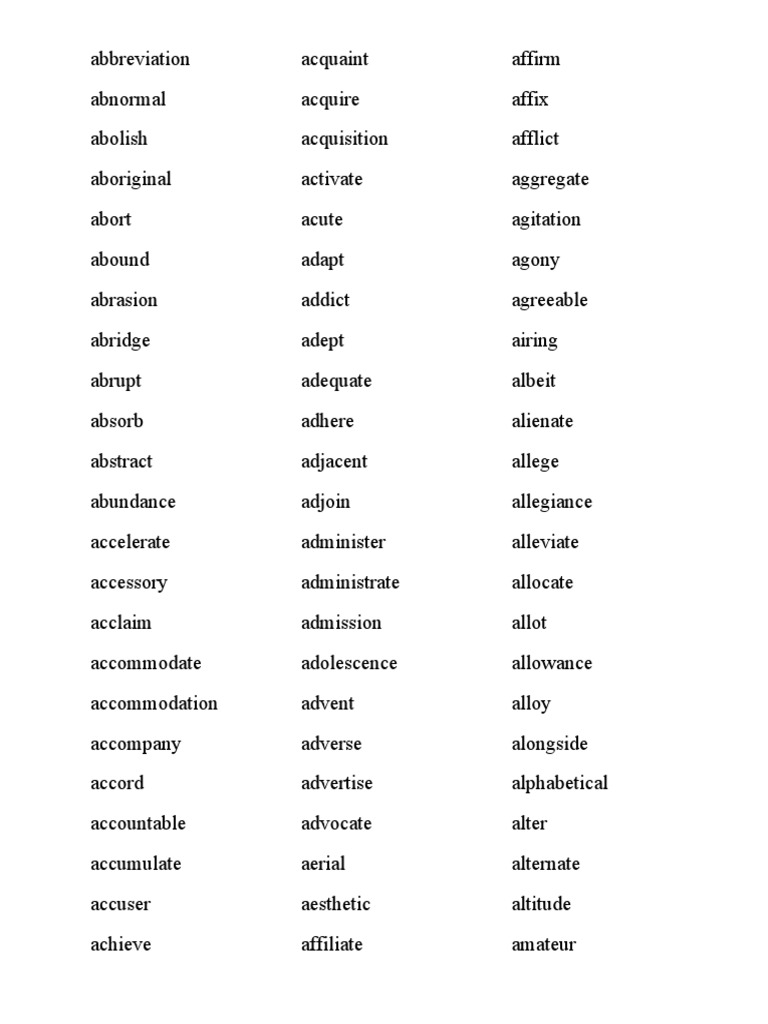 List of Vocabulary PTE A, B | PDF