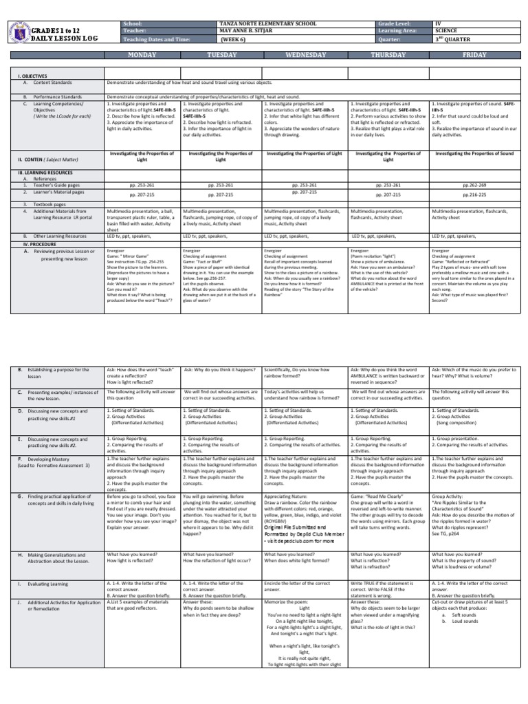 DLL - Science 4 - Q3 - W6 | PDF | Rainbow | Light