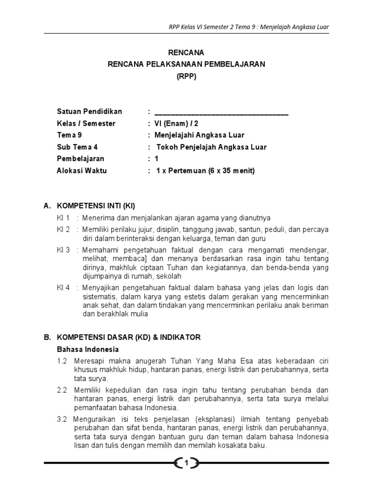 RPP Kelas VI Semester 2 Tema 9: Menjelajah Angkasa Luar | PDF