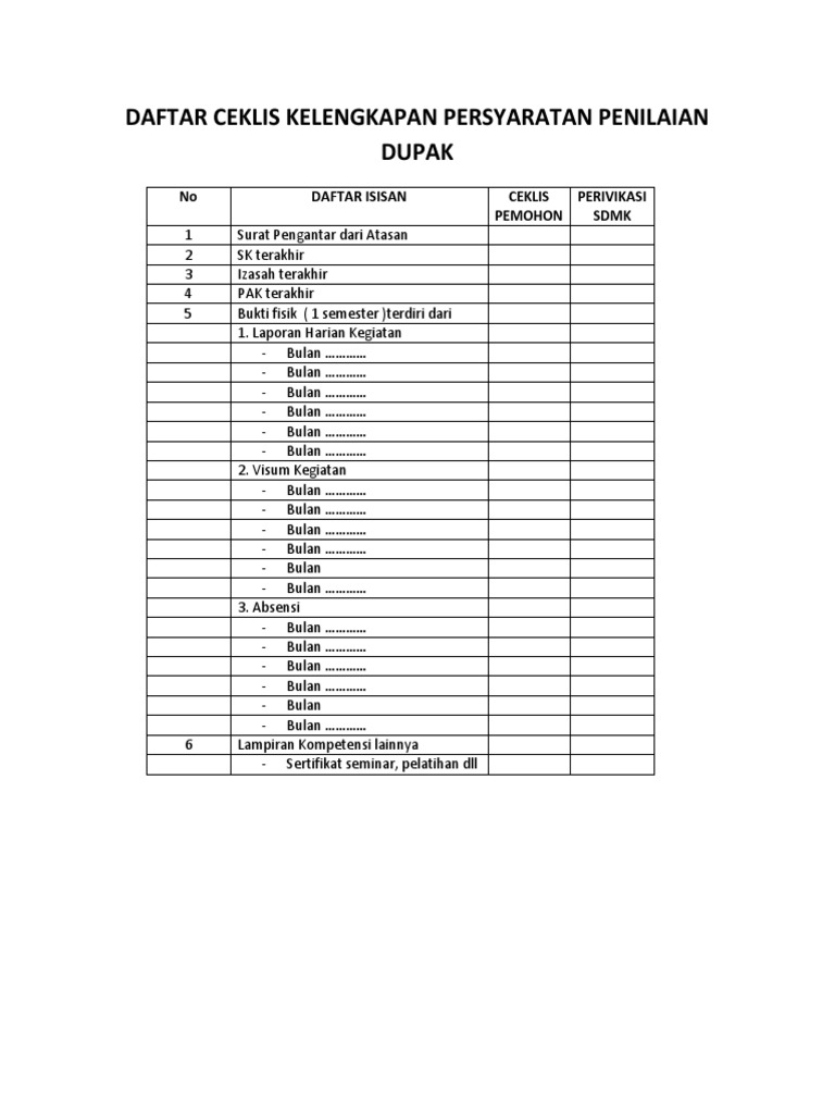 Daftar Ceklis Kelengkapan Persyaratan Penilaian Dupak 2023 | PDF