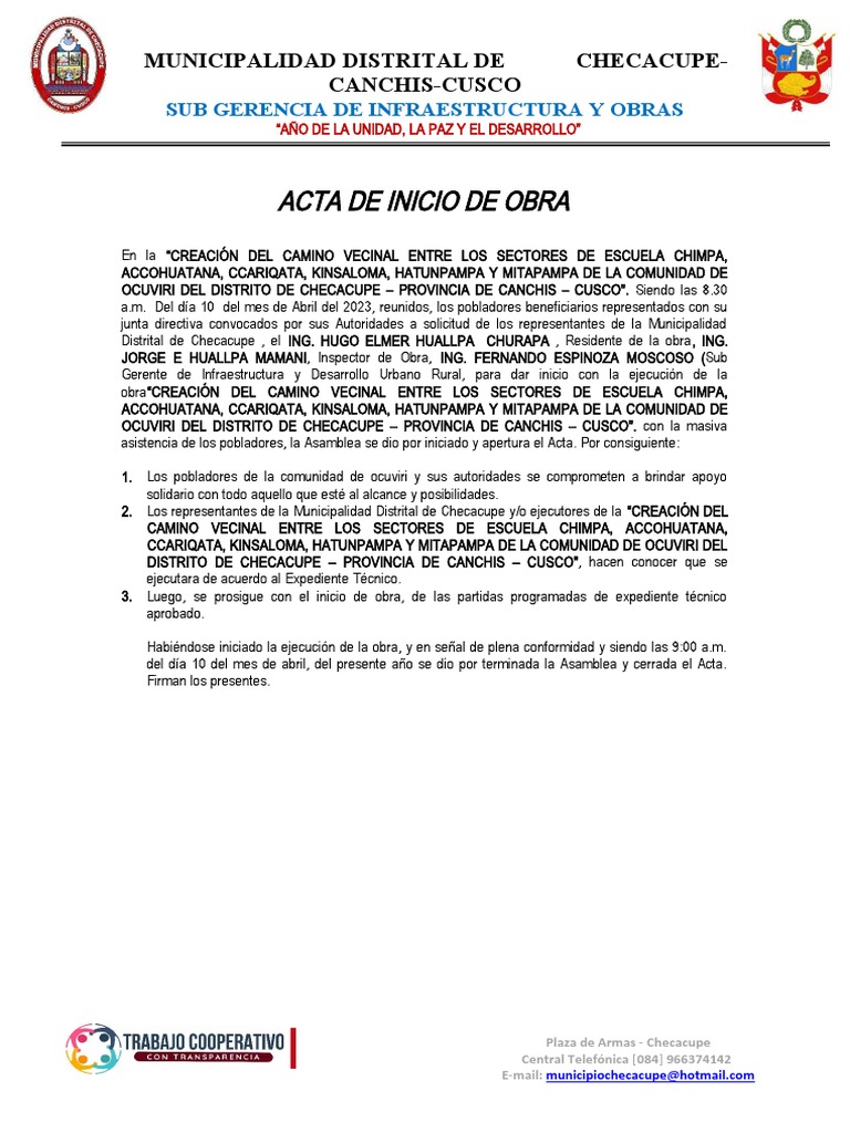 Acta de Inicio de Obra | PDF