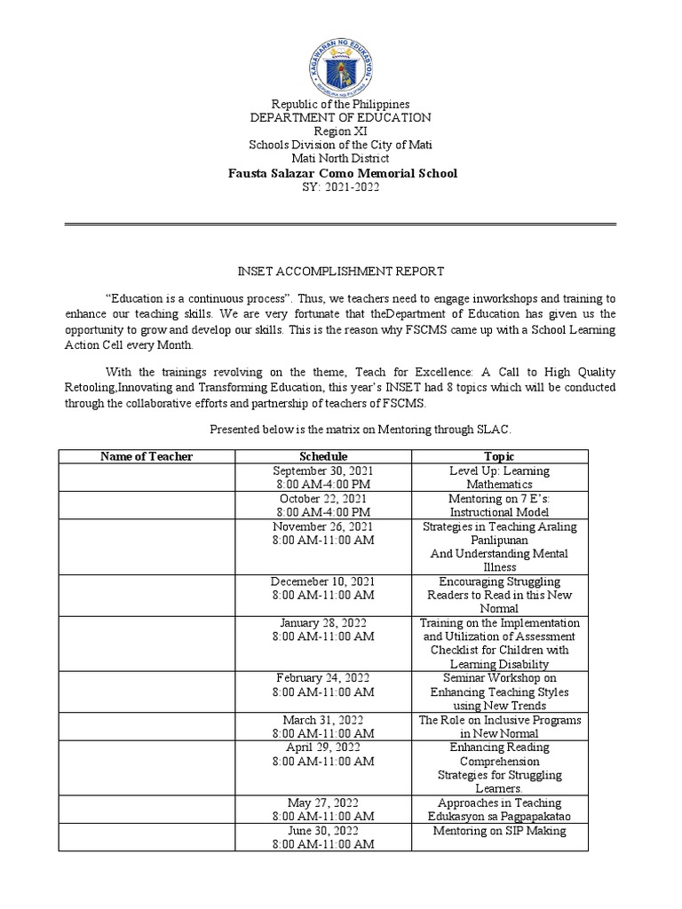 Inset Accomplishment Report | PDF | Learning | Teachers