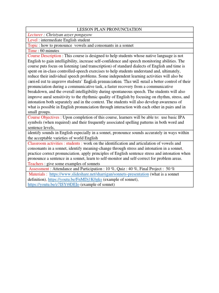Lesson Plan Pronunciation | PDF | English Language | Lesson Plan Lesson Plan Pronunciation | PDF | English Language | Lesson Plan