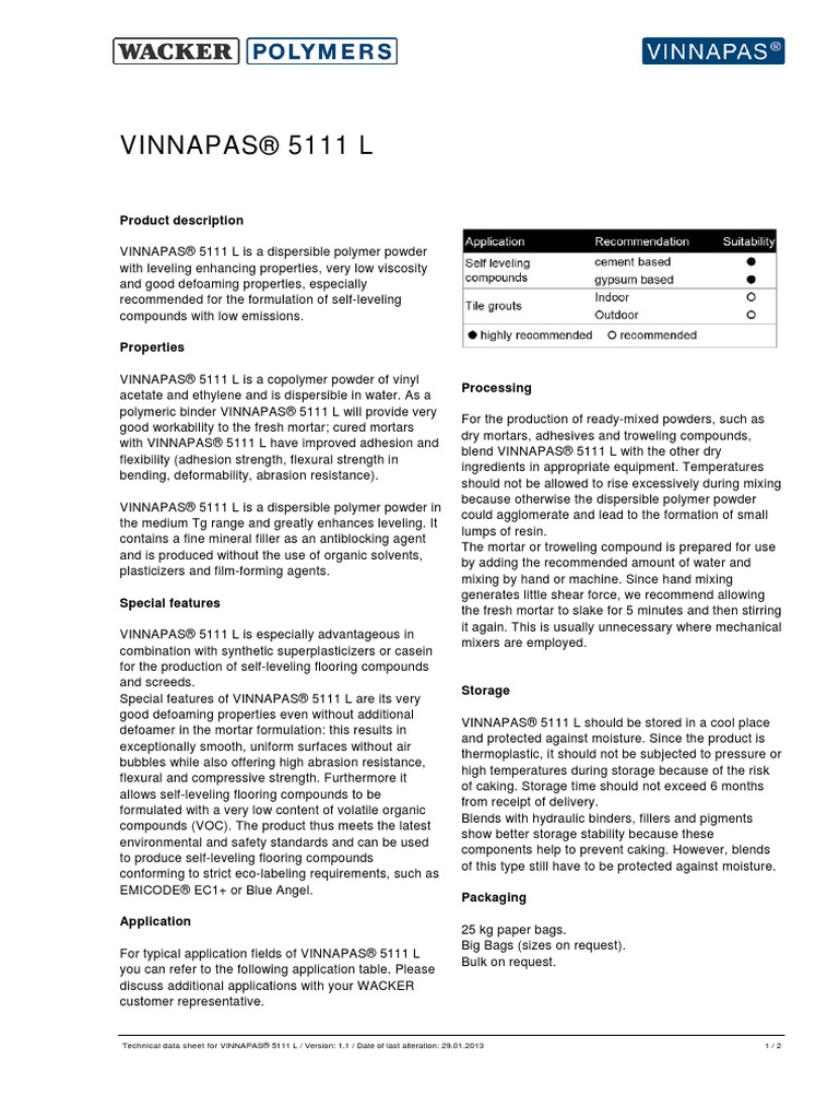 Vinnapas 5111 L Pds | PDF | Polymers | Mortar (Masonry)