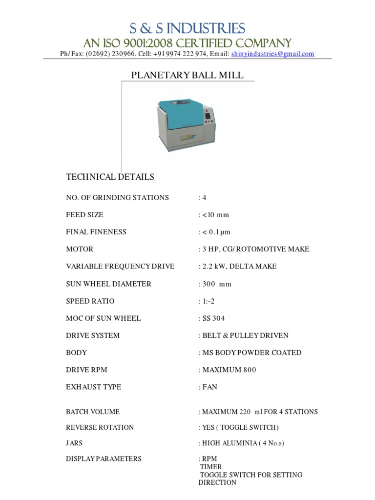 Technical Specifications and Features of a 4 Station Planetary Ball Mill with 0.1 Micron ...