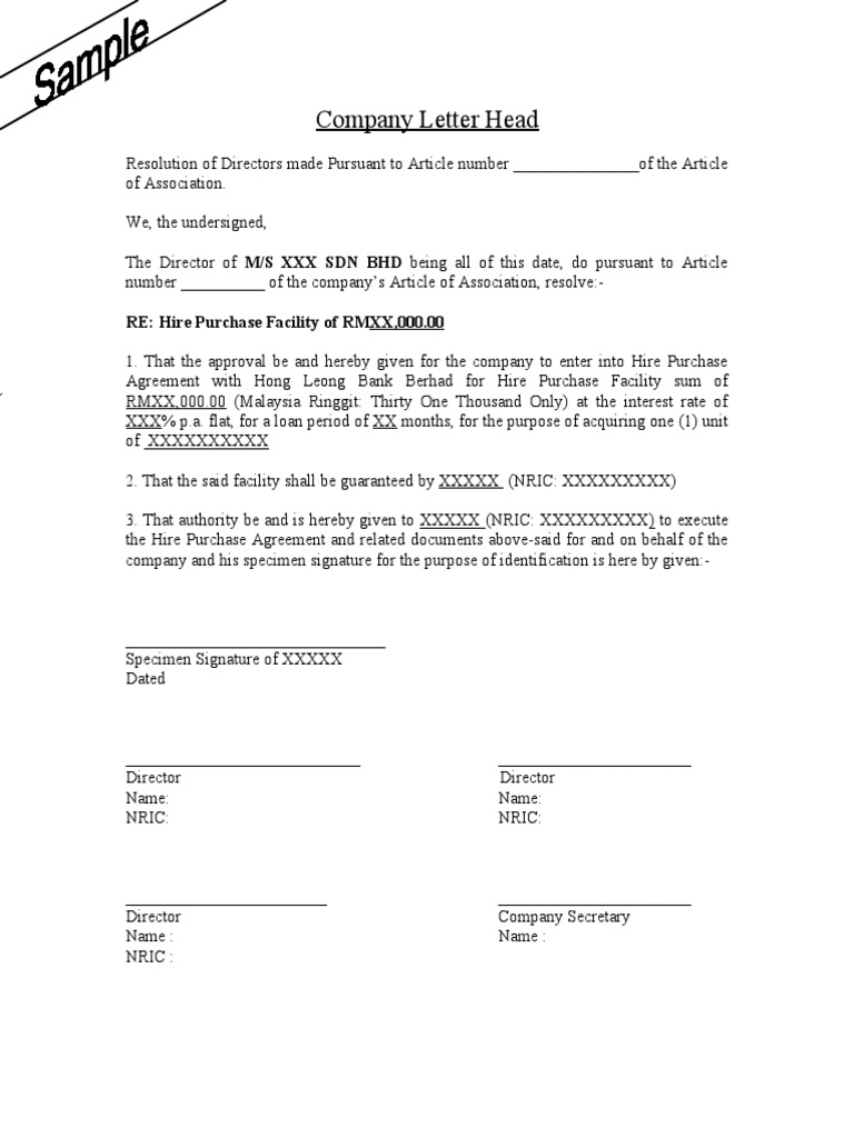 Resolution to Approve a Hire Purchase Facility of RMXX,000 for the ...