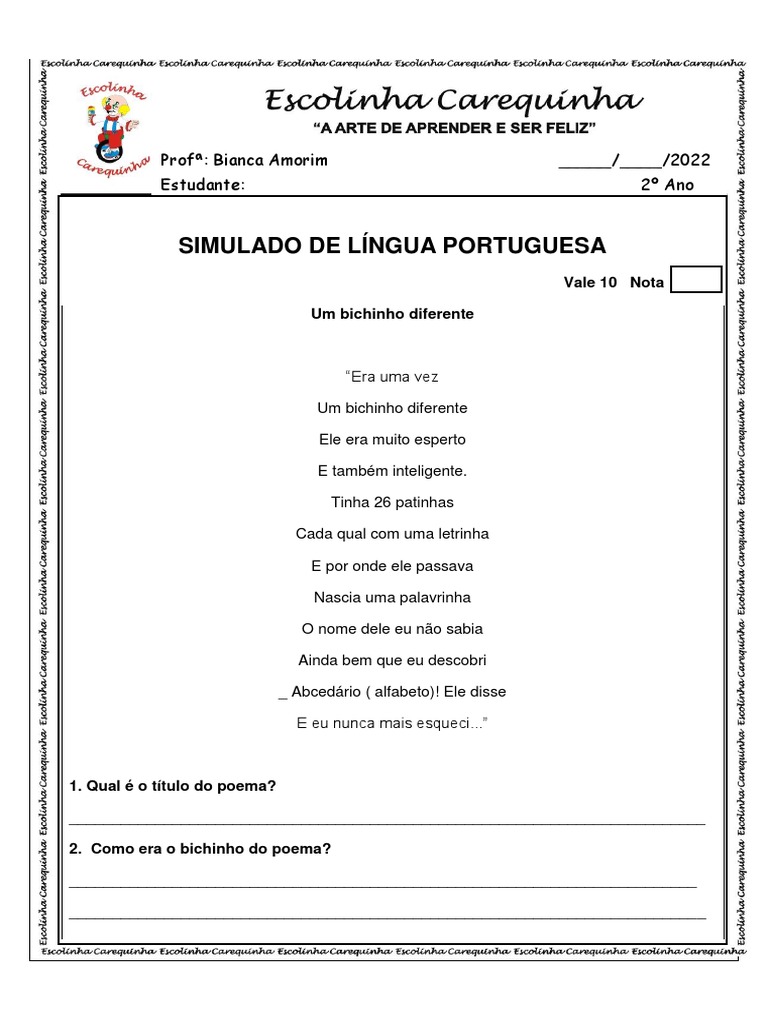Simulado Língua Portuguesa 2º Ano Atual | PDF