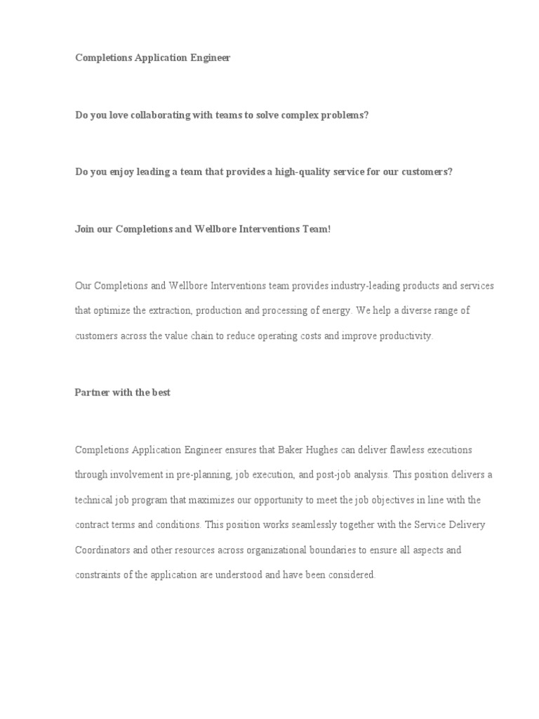 Completions Engineer Role at Baker Hughes | PDF | Sales | Simulation